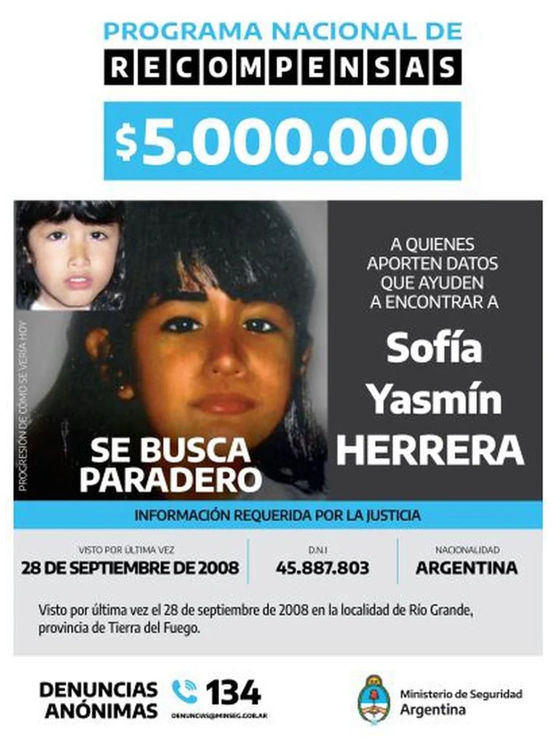 Caso Sofía Herrera: aumentan a 5 millones la recompensa para quienes brinden datos